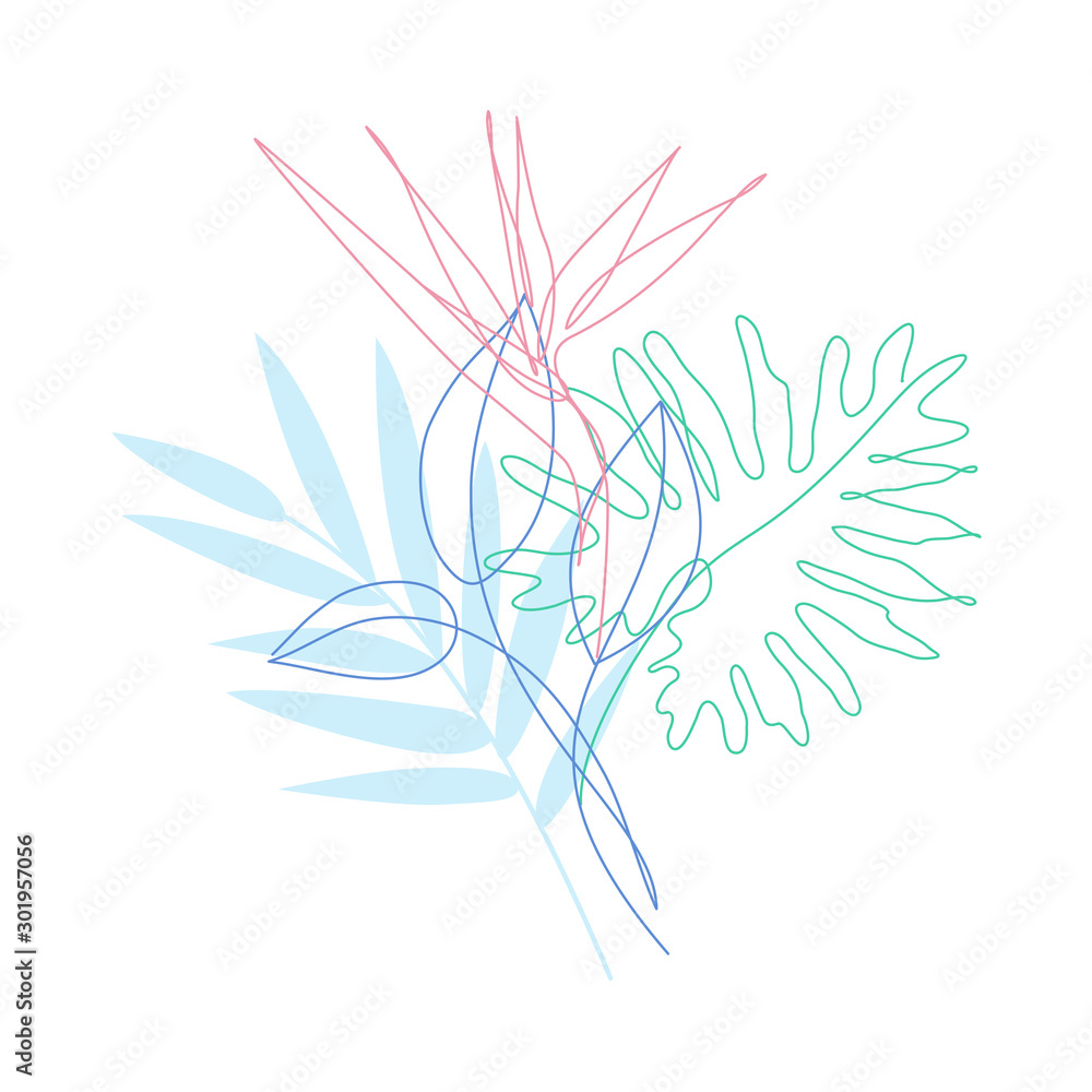 Tropical plants and flower one line drawing Stock Vector | Adobe Stock
