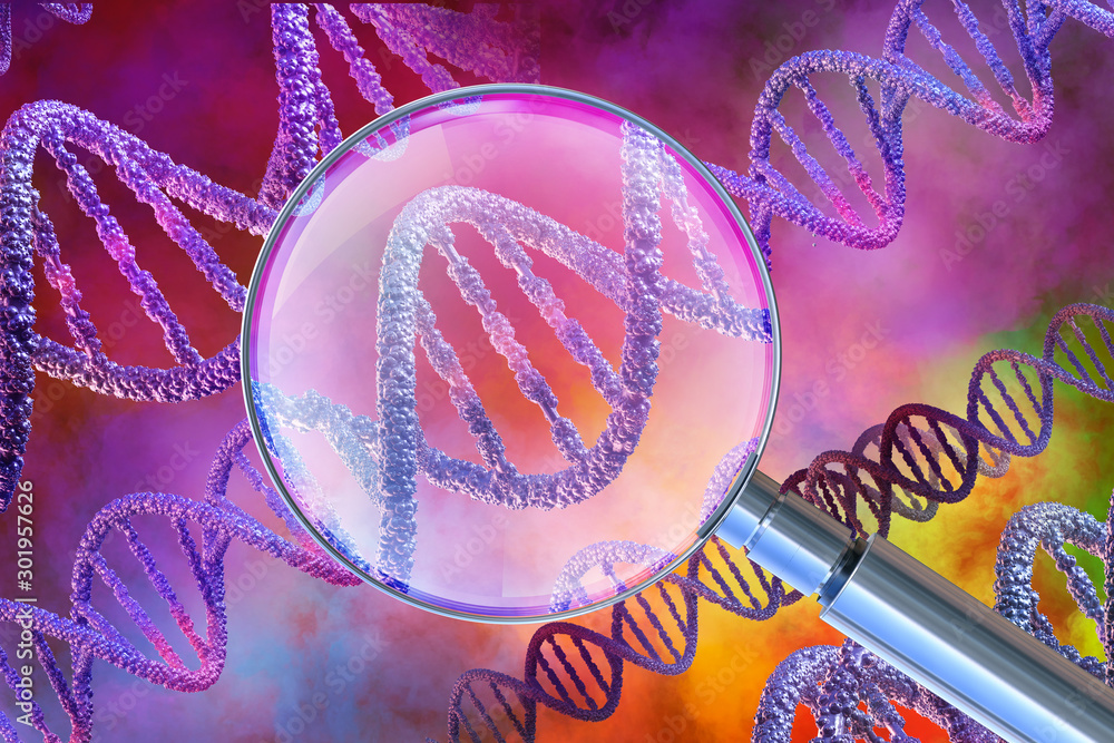 Abstract 3d polygonal wireframe DNA sequence molecule spirals through ...