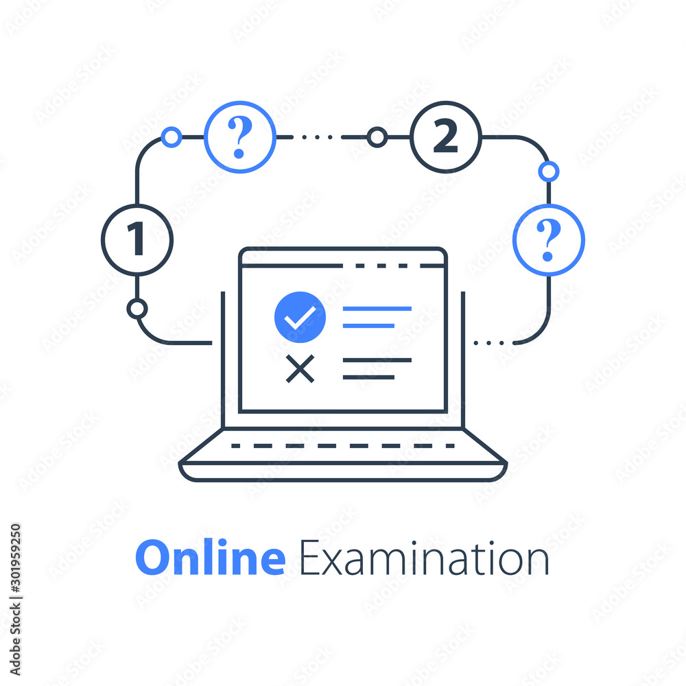 Online exam, pass test, checklist on monitor, check knowledge, complete ...