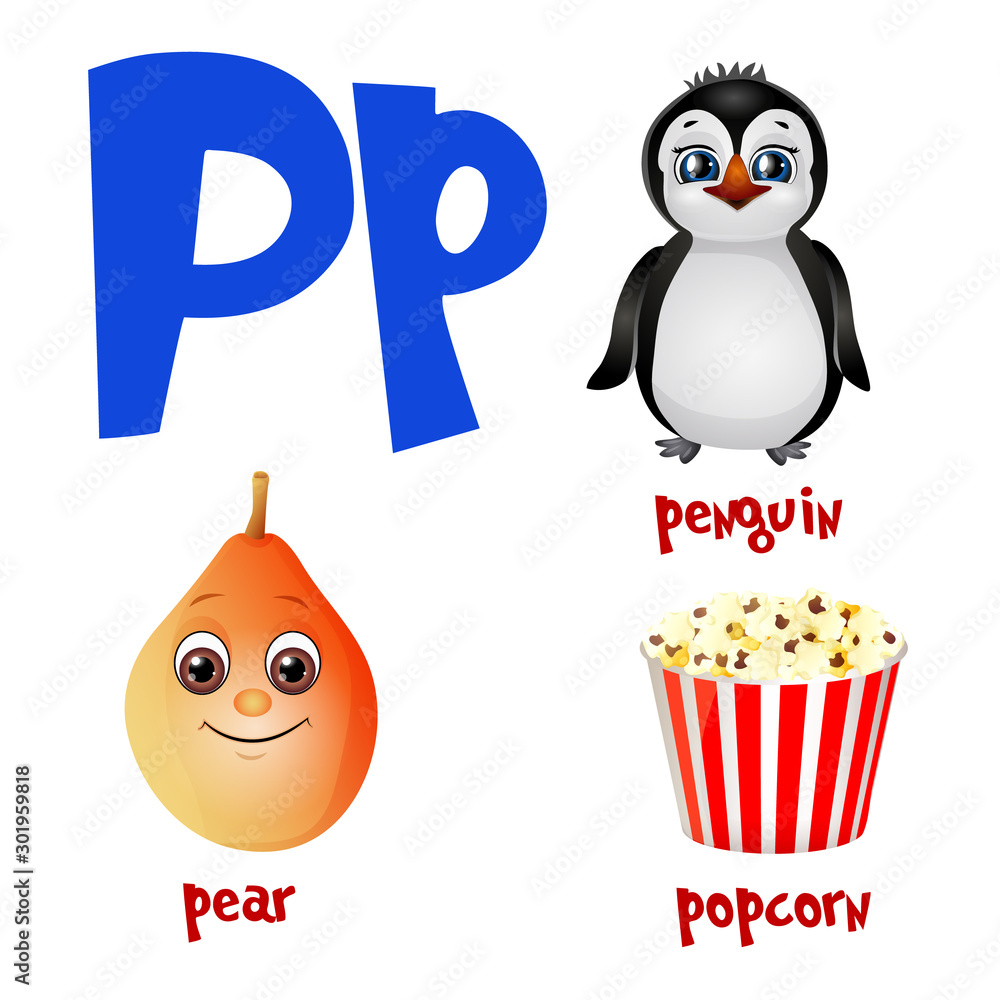 Vector cute kids cartoon alphabet. Letter P with penguin, pear and ...