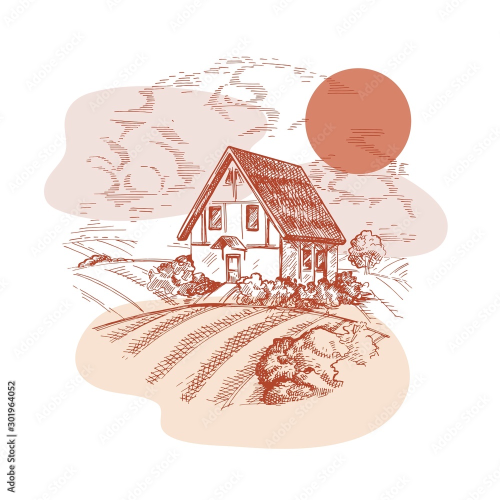 A vector image of a village house. The village landscape. Stock Vector ...