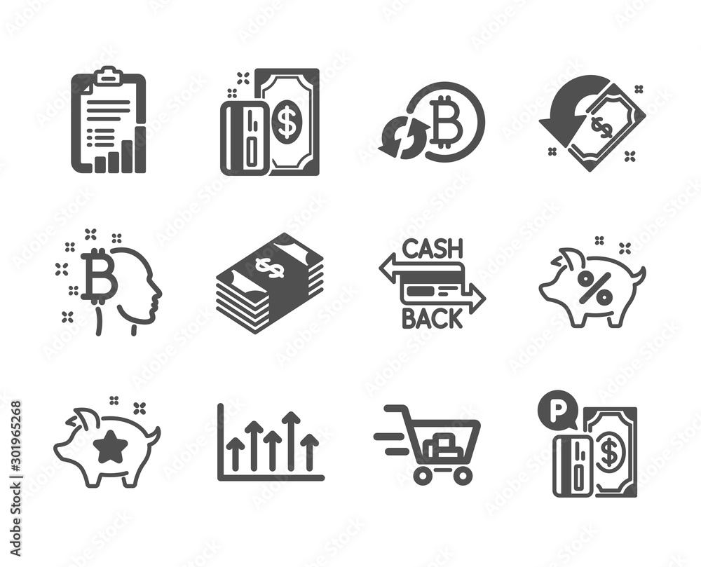 Set of Finance icons, such as Bitcoin think, Payment, Shopping cart, Loyalty points, Parking ...