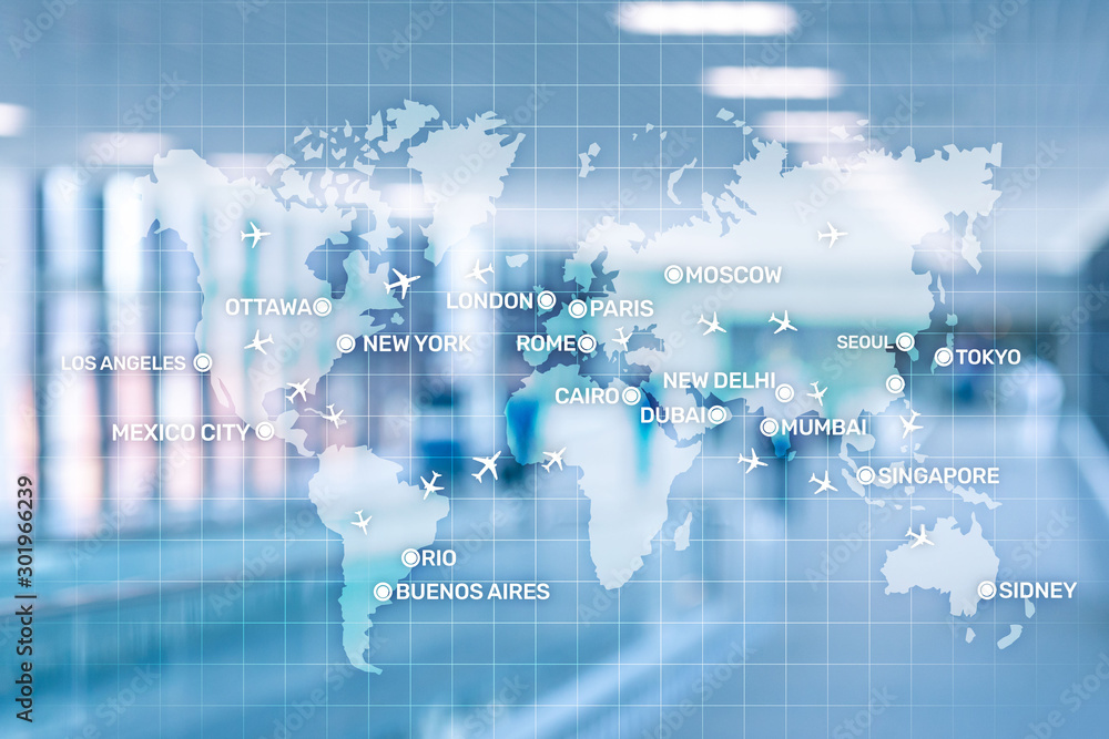 Aviation wallpaper with planes over the map with major city names ...