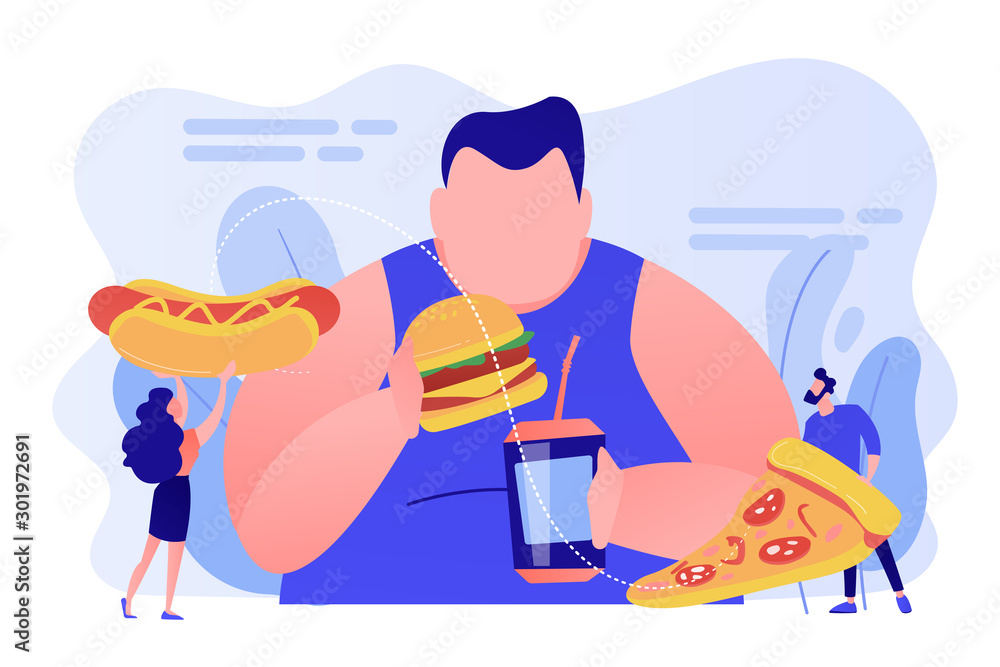 Overweight man eating burger, tiny people giving fast food. Overeating ...