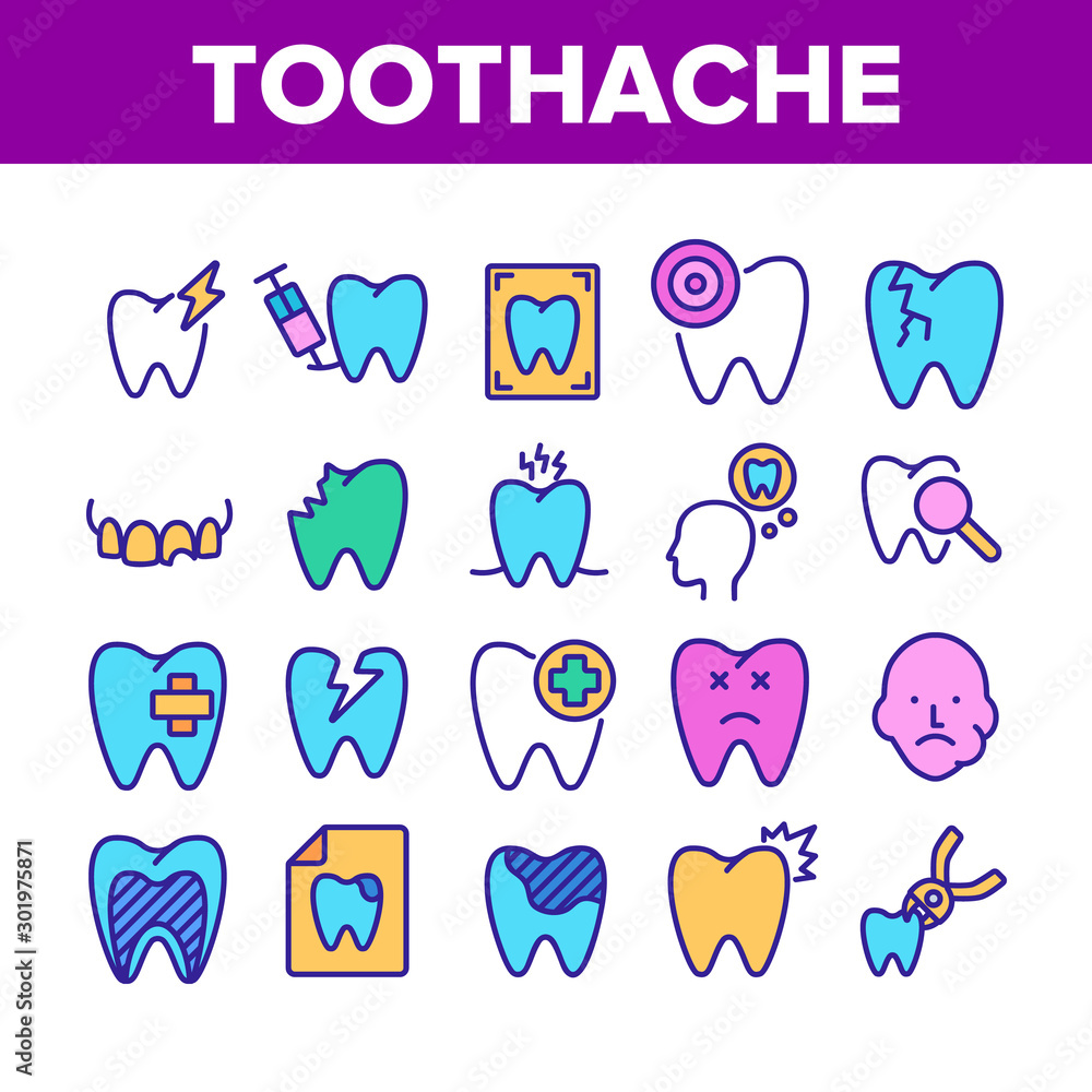 Toothache Collection Elements Icons Set Vector Thin Line. Dental ...