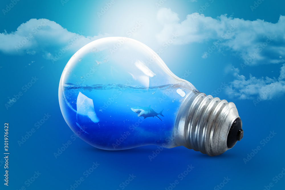 3D illustration. Ocean depth in the light bulb. Water inside the light ...