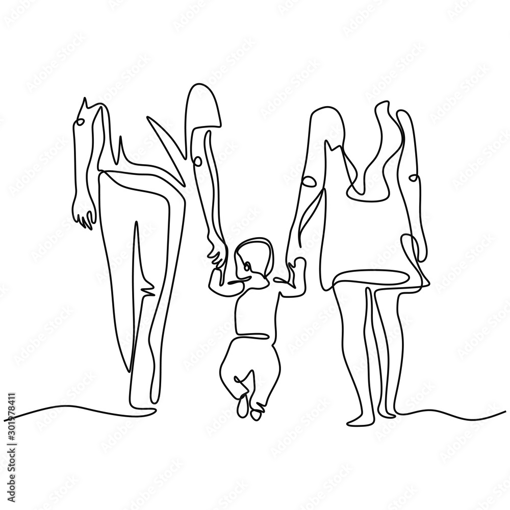Continuous one single line drawing of family walking. Mother, Father ...
