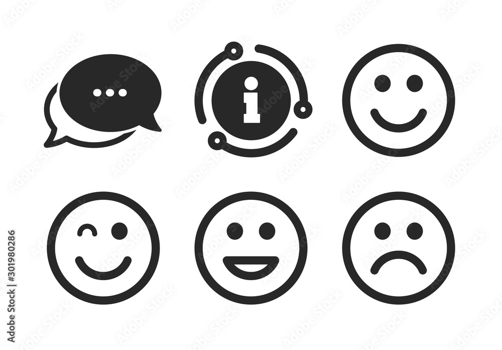 Happy, sad and wink faces symbol. Chat, info sign. Smile icons ...