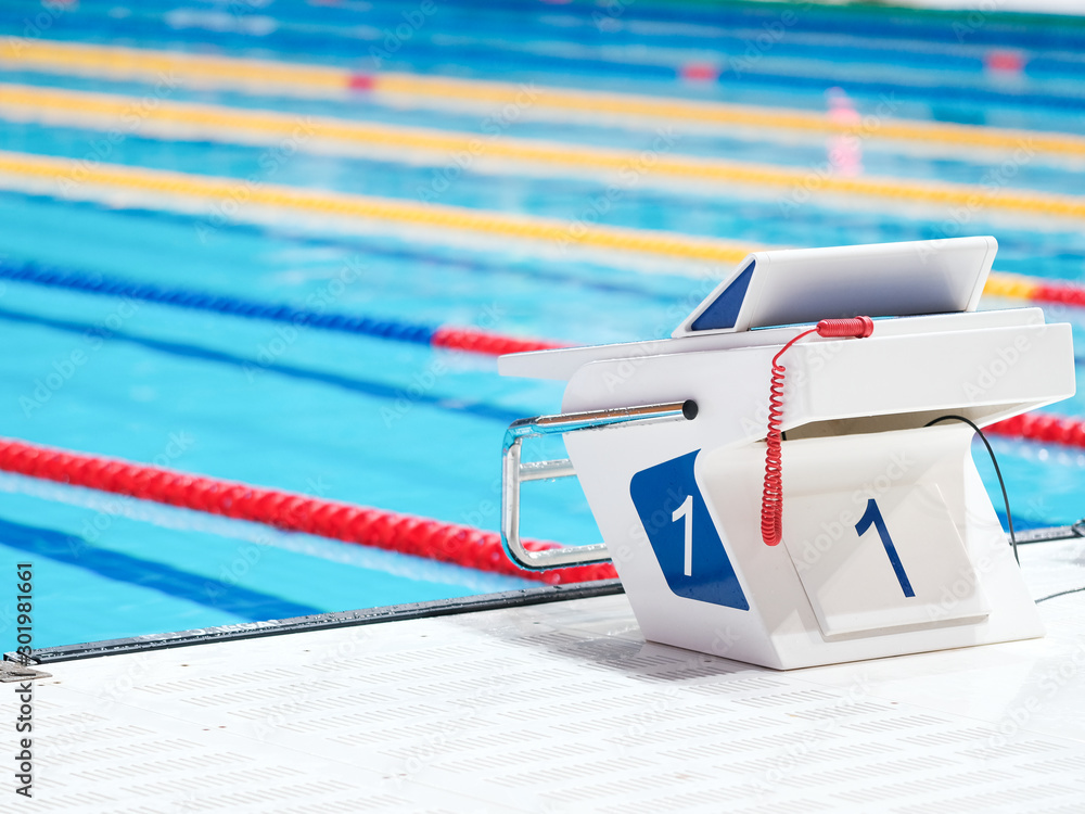 Swimming pool with starting block. Sport facility. Side view. Stock ...