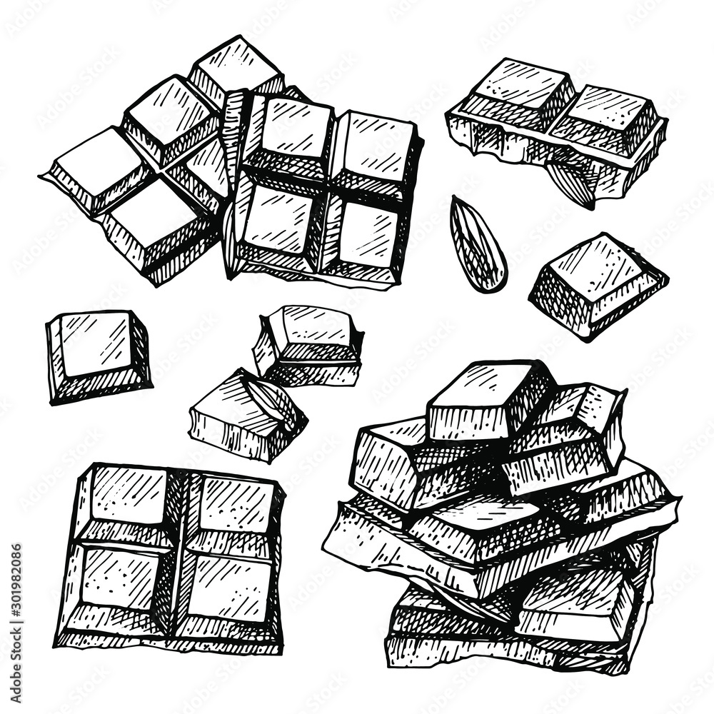 Hand drawn set of chocolate.Hand drawn chocolate bar broken into pieces ...