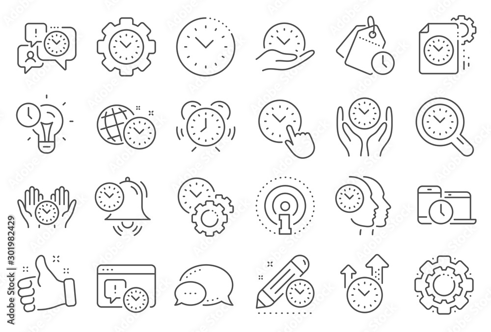 Time management line icons. Alarm clock, timer plan and project ...