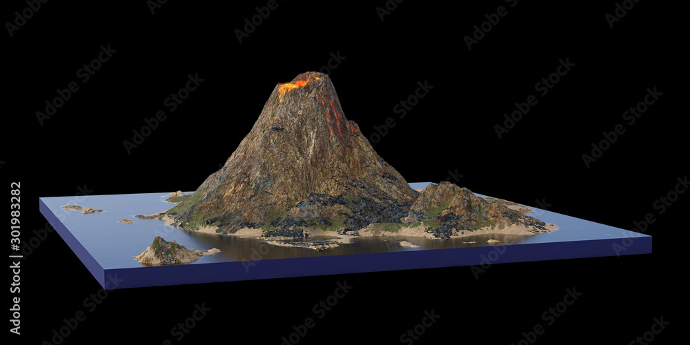 volcano erupts lava, cross section model of island with volcanism ...
