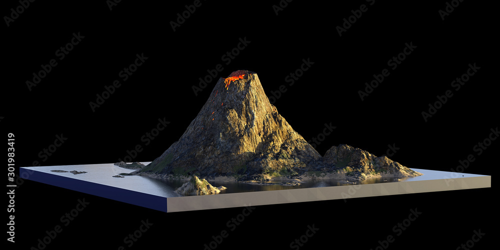 volcano erupts lava, cross section model of island with volcanism ...