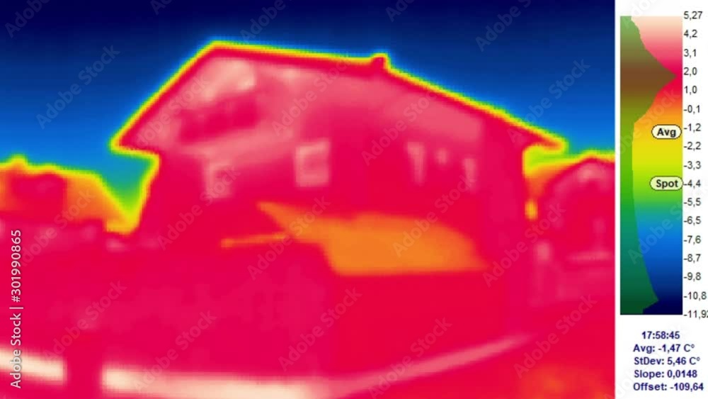 Thermal camera view, A house in cold surroundings, with color scale ...