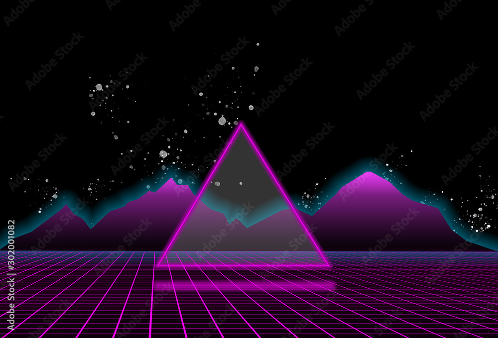 80s style sci-fi, black starry sky background behind purple mountains ...