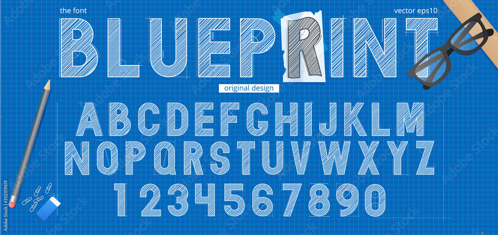 Blueprint sketch font, great typographic letter for any purposes. Stock ...