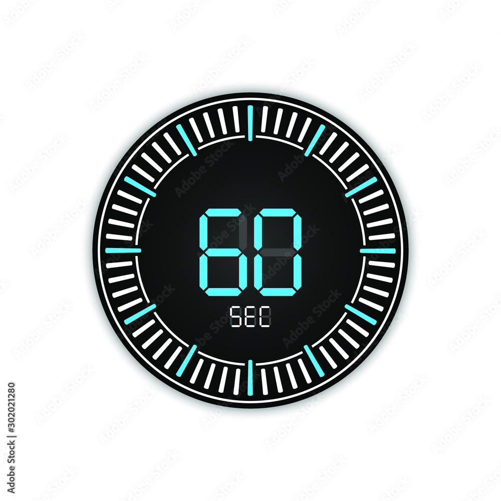 60 second countdown time, digital stopwatch chronometer clock isolated ...
