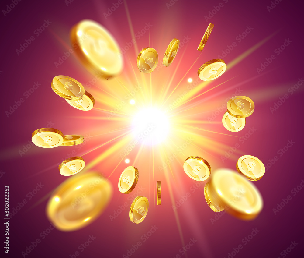 Realistic Gold coins explosion on red background. Stock Vector | Adobe ...