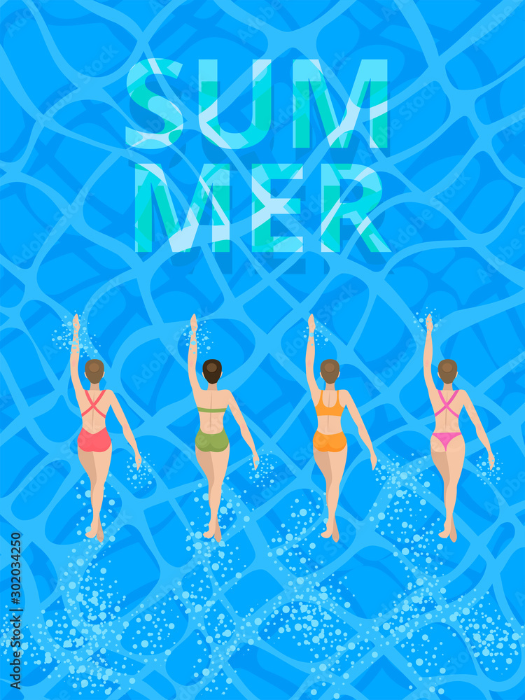 Swimmers in the sea. Girls in swimsuits swim in the pool or the sea ...