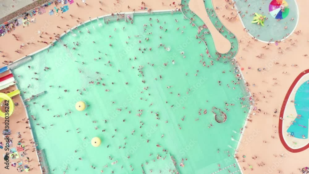 Aerial view of open-air city pool in Warsaw. Poland. Crowds of people ...