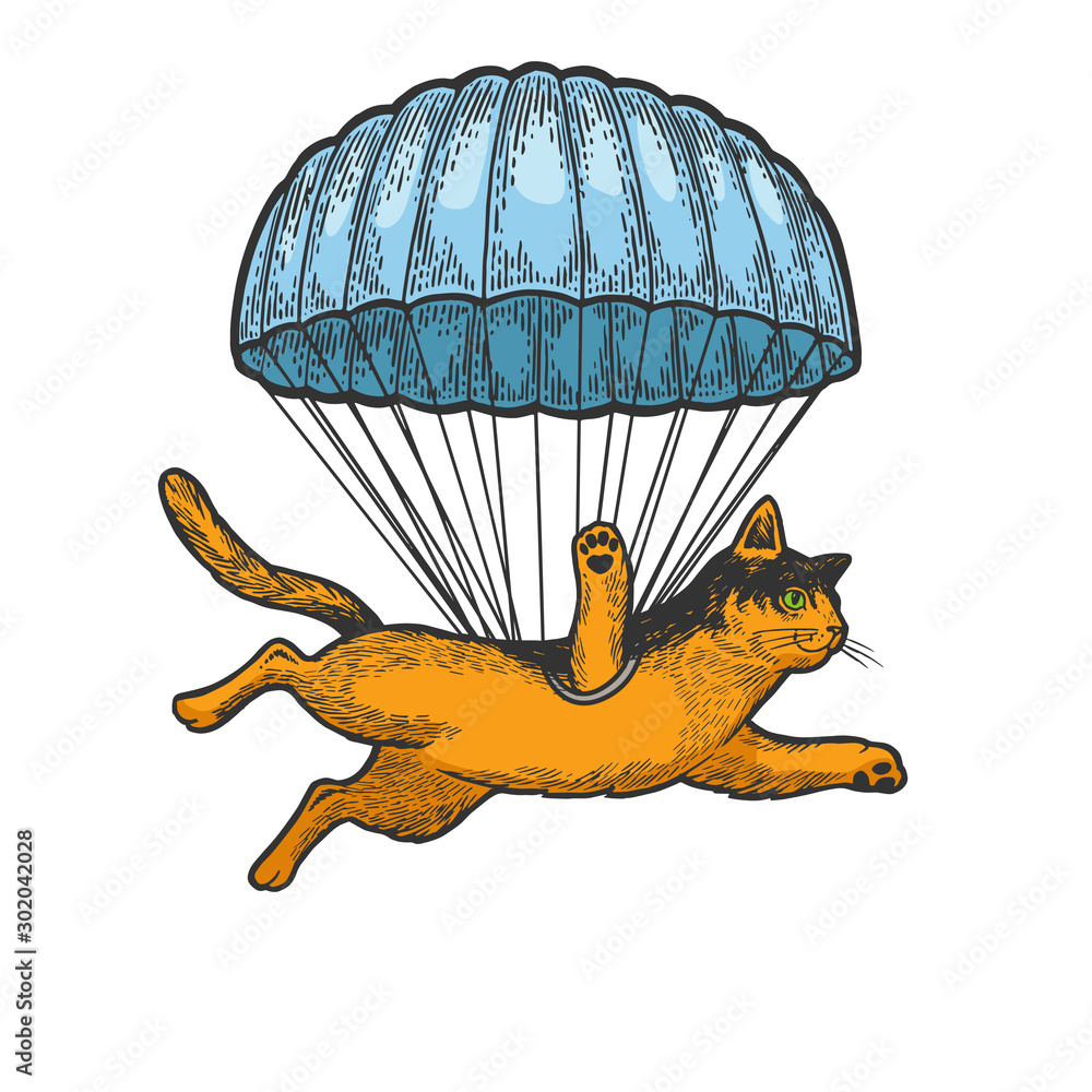 Cat animal flies with parachute as paratrooper sketch engraving vector ...