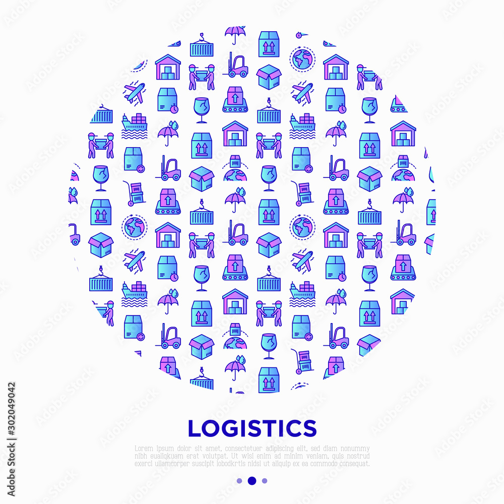 Logistics concept in circle with thin line icons: forklift loader ...
