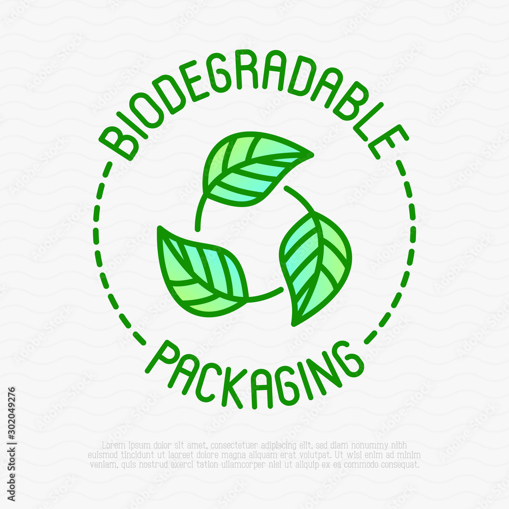 Biodegradable thin line icon for packaging. Leaves in circle. Symbol of ...