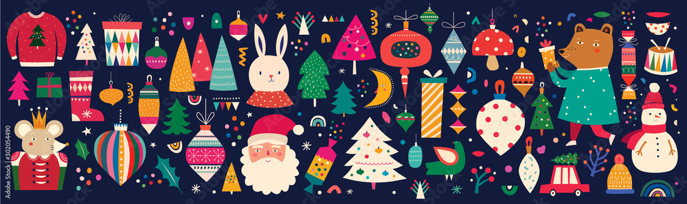 Christmas decorative banner with incredible characters in vintage style ...