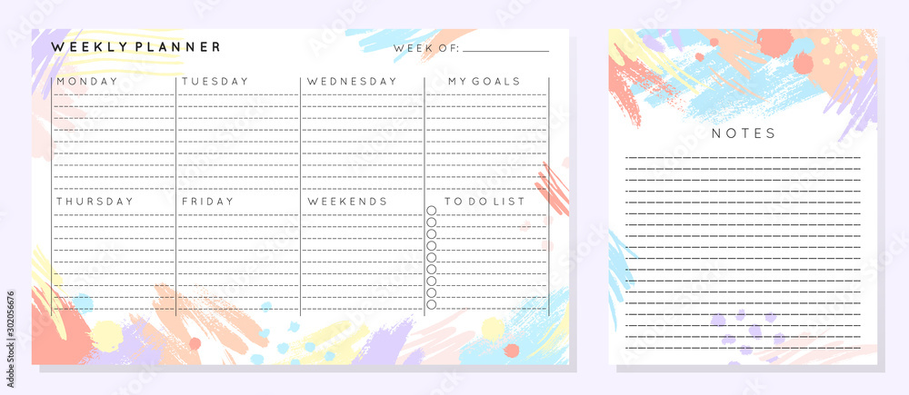 Vector weekly planner template with hand drawn shapes and textures in ...