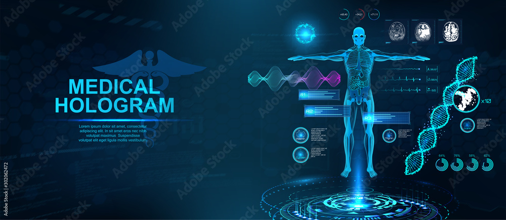 Healthcare Hologram HUD with body, formula DNA, MRI brain screens, x ...