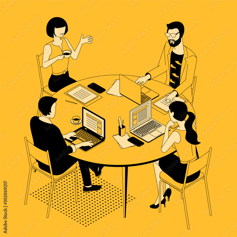 Black and yellow flat design isometric vector illustration of business ...
