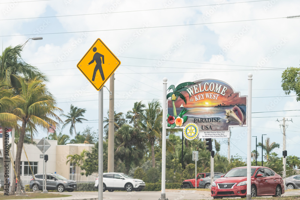Key West, USA - May 1, 2018: Welcome to road sign, banner, billboard ...