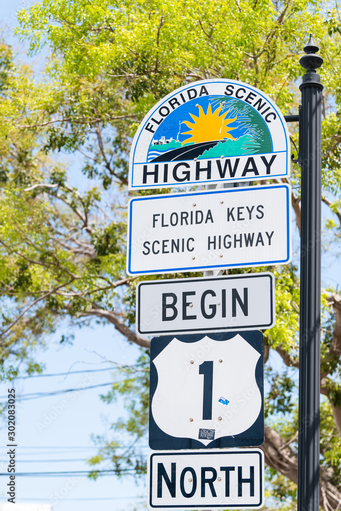 Key West, USA - May 1, 2018: Florida scenic highway, keys begin US1, US ...