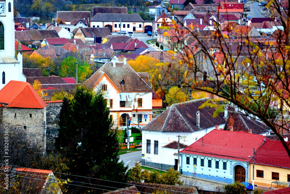 Typical rural landscape and peasant houses in Garbova, Transylvania ...