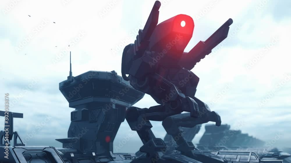 A huge military robot on a futuristic military training ground of the ...