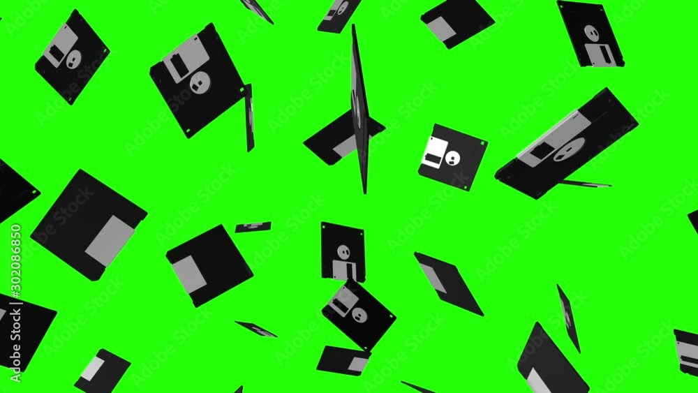 Old floppy disks falling on green screen or chroma key background ...