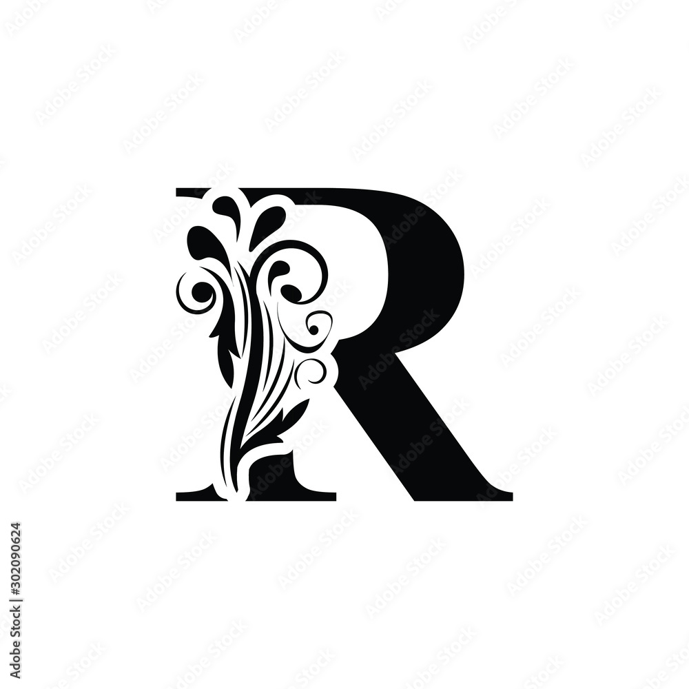 letter R. Black flower alphabet. Beautiful capital letters with shadow ...