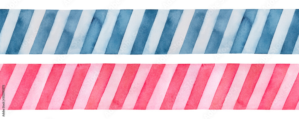 Set of two colorful seamless ribbons with diagonal stripe pattern. Hand ...