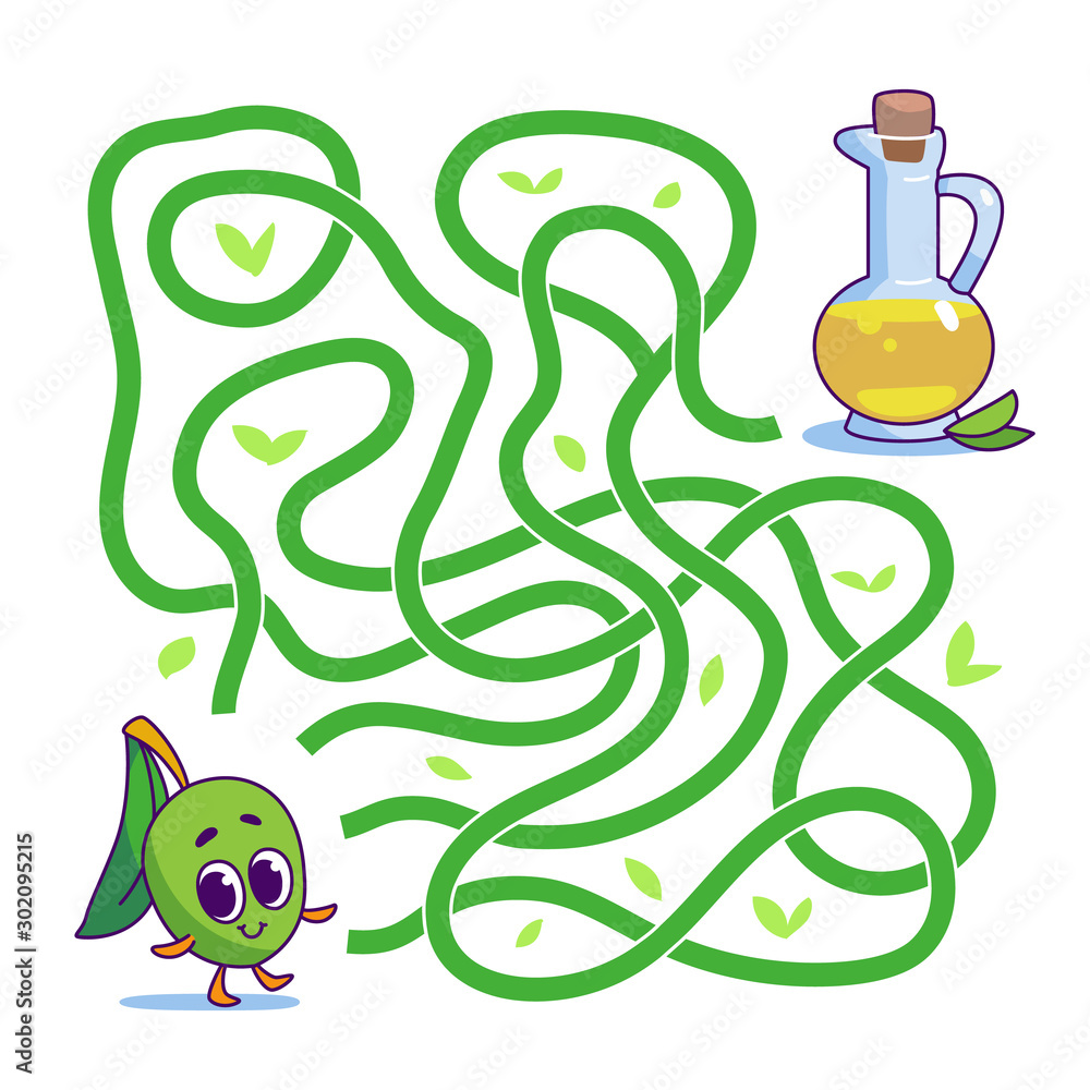 Help cute olive find path to olive oil. Labyrinth. Vegan maze game for kids. Vector illustration ...