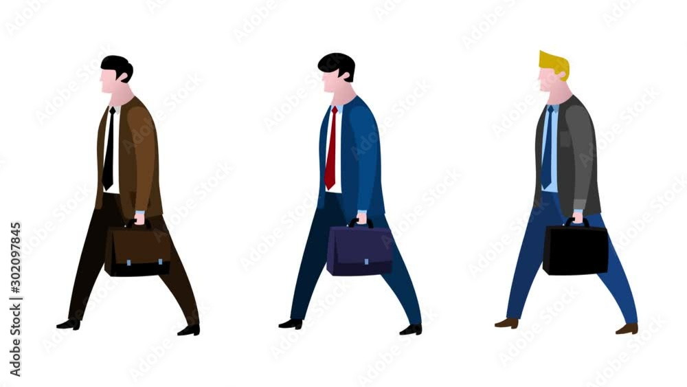 Three cartoon businessmen characters walking, stopping and starting ...