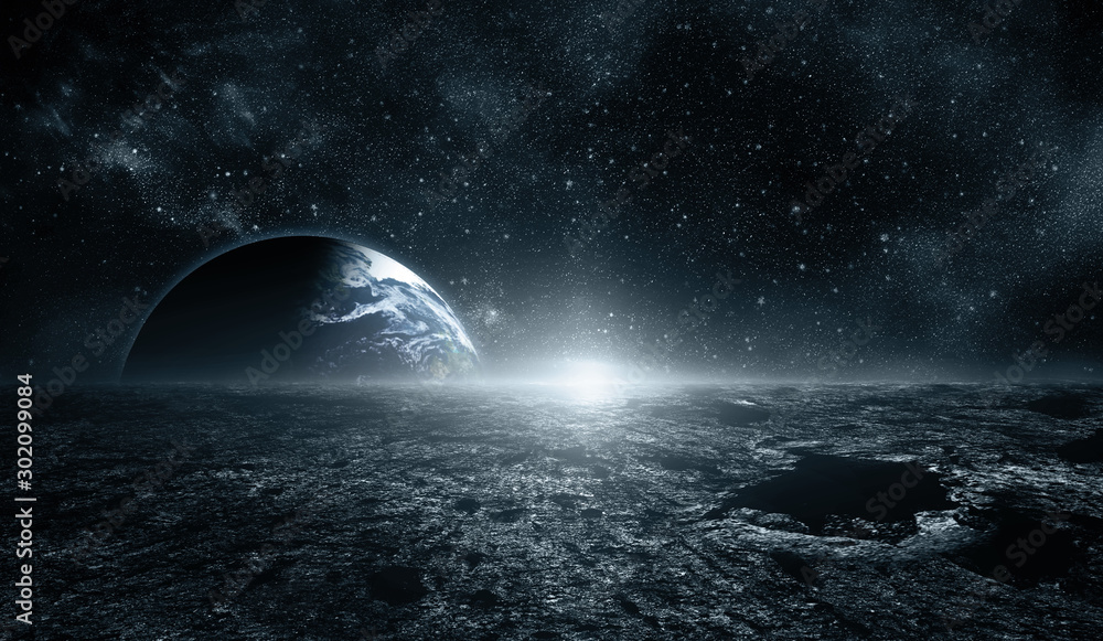 Moon surface and Earth on the horizon. Space art fantasy blue color ...