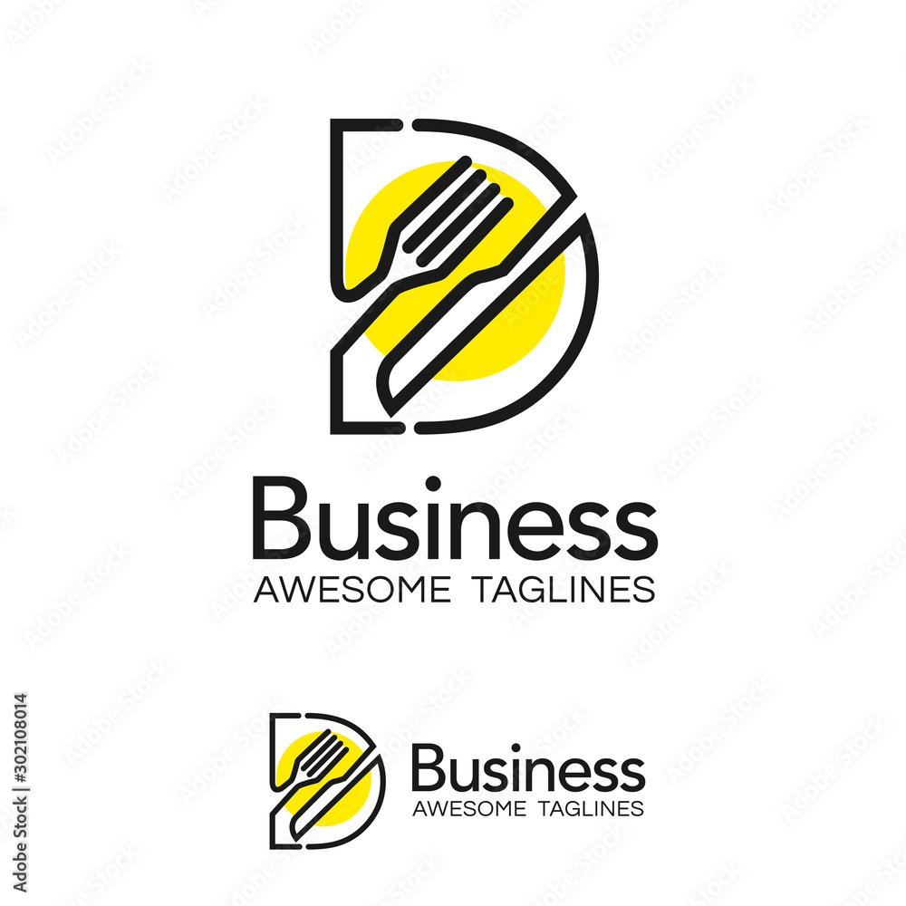 creative letter D as restaurant or food logo with fork and knife linear ...
