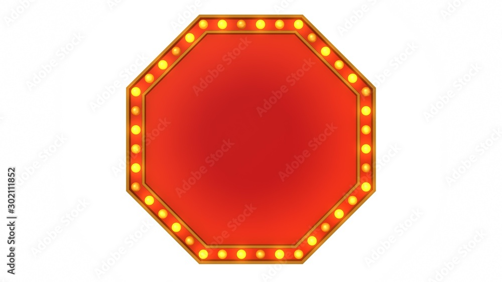 Octagon marquee light board sign retro on white background. 3d ...