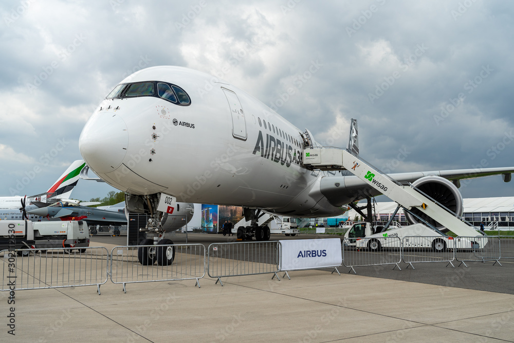 The wide-body jet airliner Airbus A350 XWB on the airfield, on April 25 ...