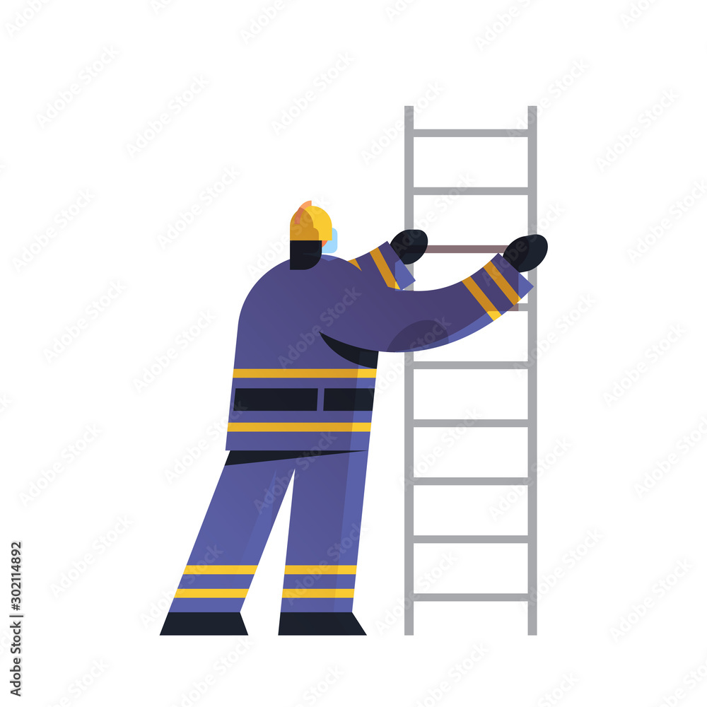 brave fireman climbing ladder firefighter wearing uniform and helmet ...