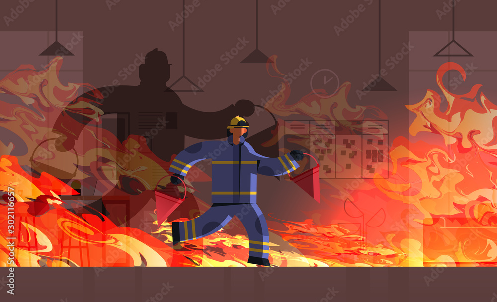 fireman carrying red buckets firefighter in uniform firefighting ...
