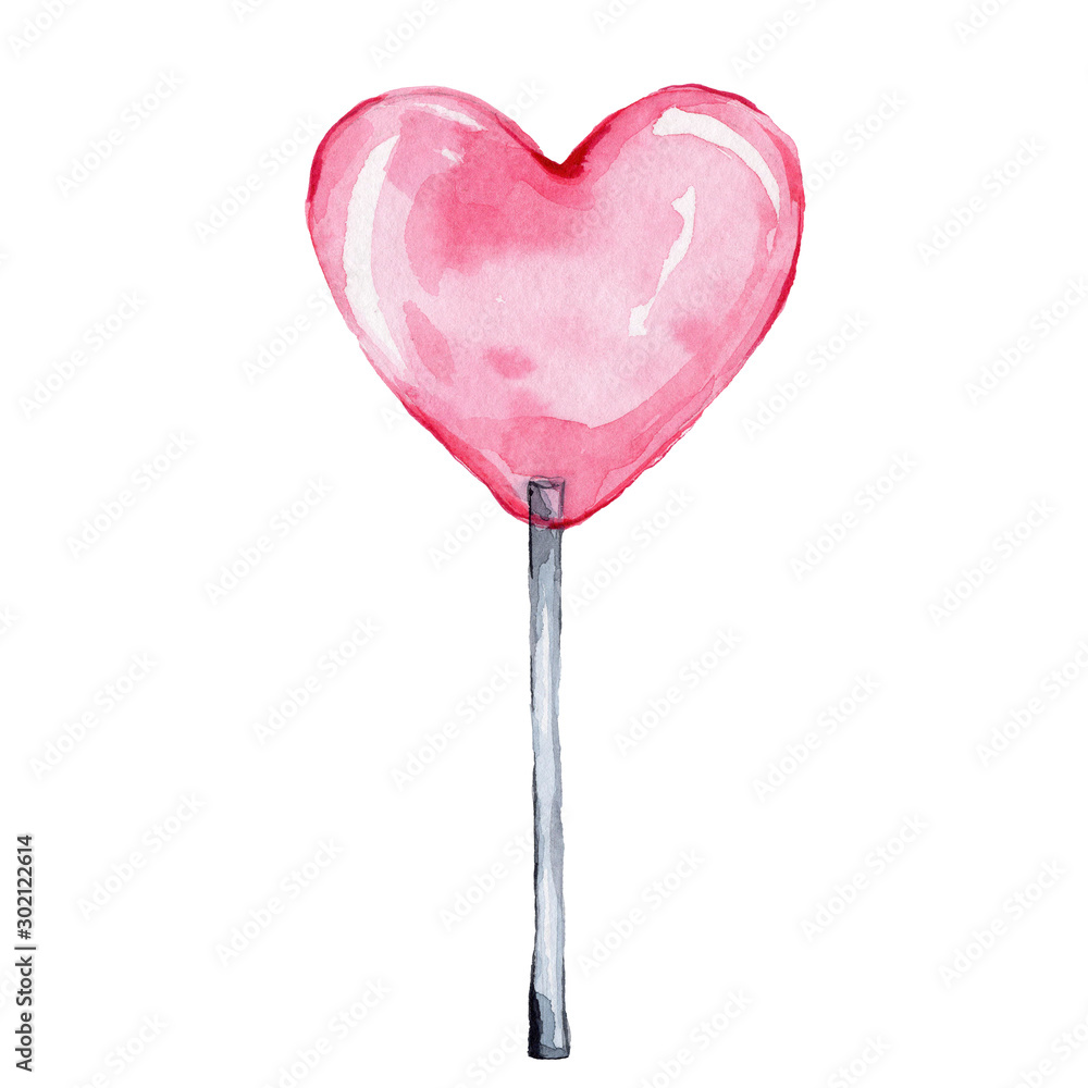 Pink heart shaped lollipop; watercolor hand draw illustration; with ...