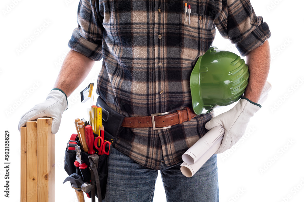 Carpenter isolated on a white background, he wears leather work gloves ...