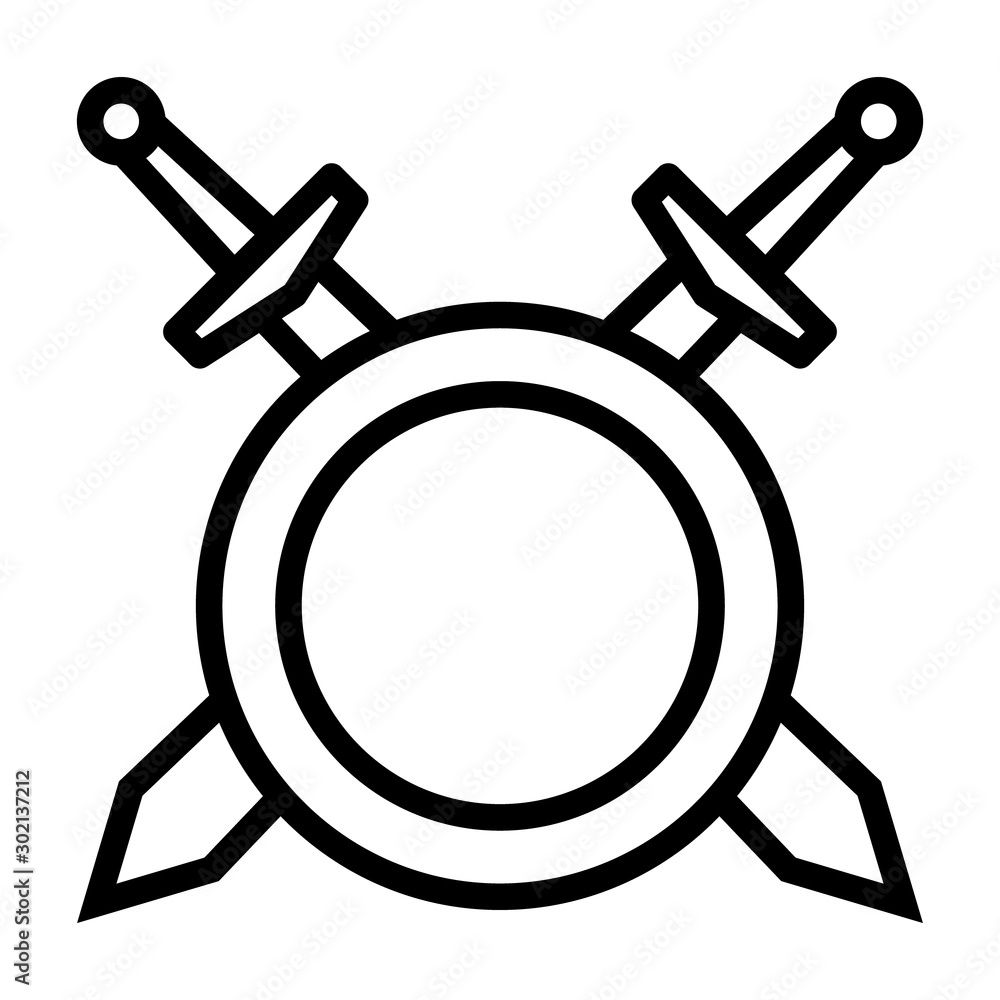 Swords / blades crossed sheath in round shield line art vector icon for ...
