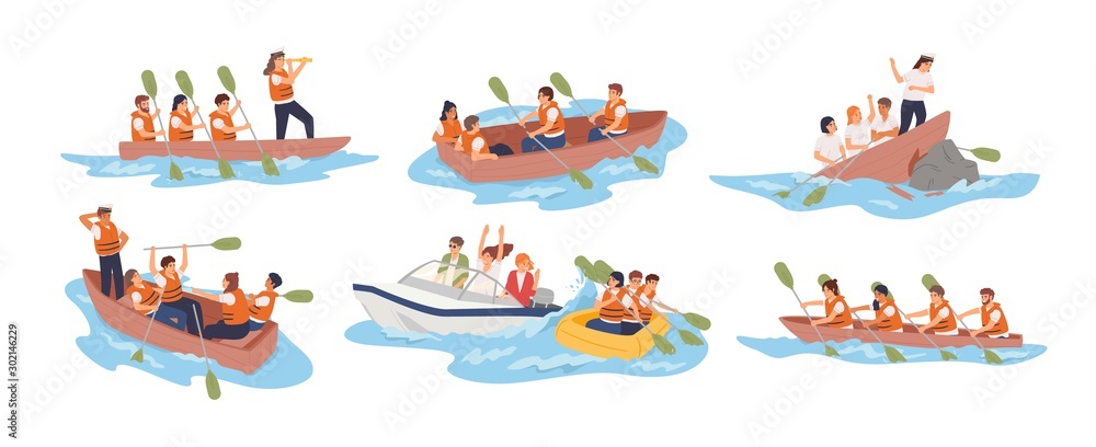 Business team in boat vector illustrations set. Teamwork, stuff ...